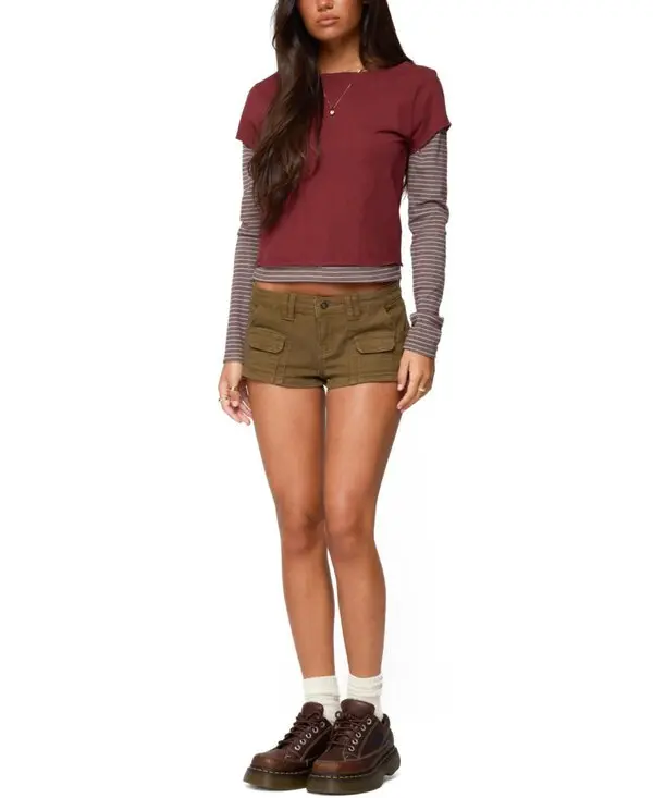 EDIKTED Layered Stripey Long Sleeve T-shirt - Burgundy