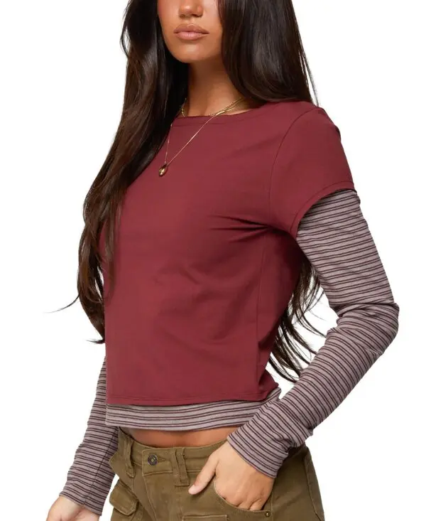 EDIKTED Layered Stripey Long Sleeve T-shirt - Burgundy