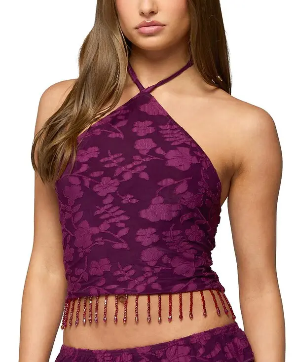 EDIKTED Keyla Bead Fringed Textured Halter Top - Plum