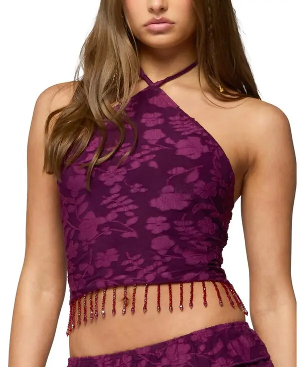 EDIKTED Keyla Bead Fringed Textured Halter Top