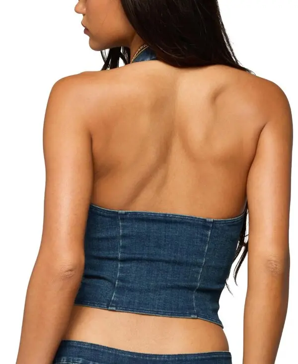 EDIKTED Sashe Button Up Denim Halter Top