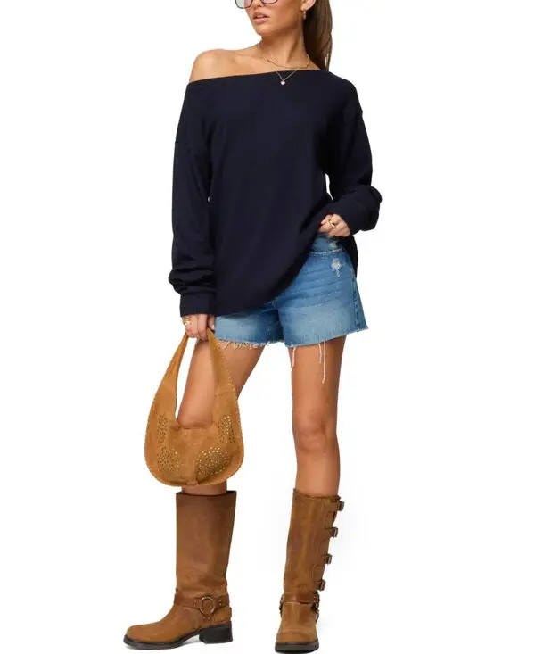 EDIKTED Damari Off Shoulder Oversized Waffle Top