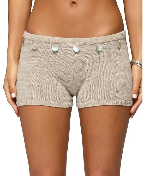 EDIKTED Nicca Iridescent Knit Shorts With Embellishments - Beige