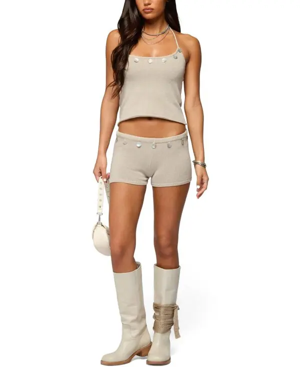 EDIKTED Iridescent Knit Shorts With Button Detailing