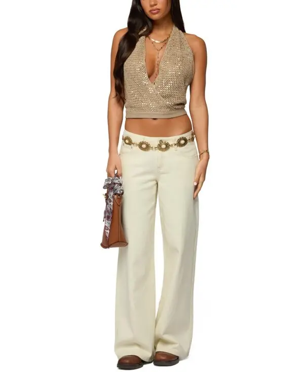EDIKTED Sequin Crochet Halter Top
