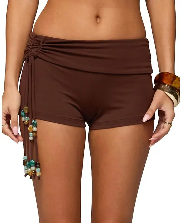 EDIKTED Ruched Bead Foldover Shorts - Dark-brown