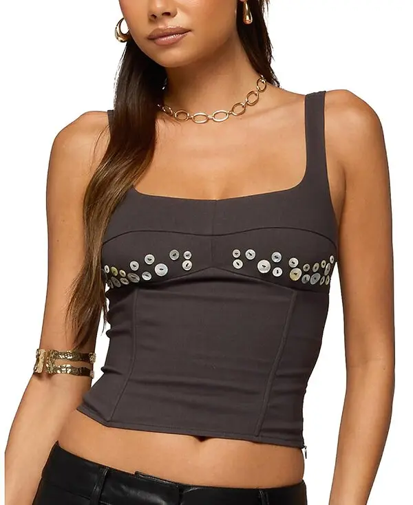 EDIKTED Libbie Iridescent Button Corset Top - Dark-brown