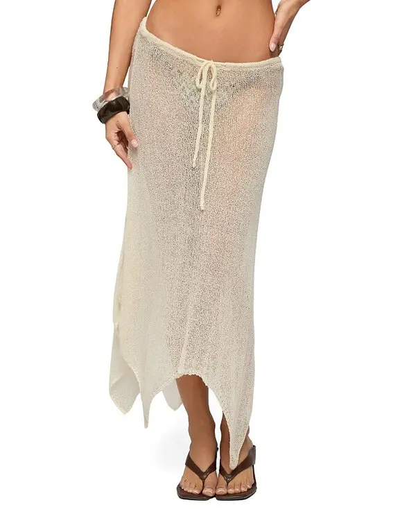 EDIKTED Isla Sheer Knit Handkerchief Hem Midi Skirt - Beige