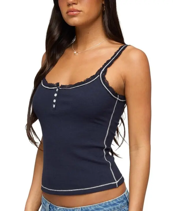 EDIKTED Contrast Stitched Lacey Henley Top