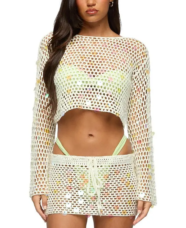 EDIKTED Kirah Sequin Crochet Top - Cream