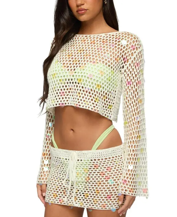 EDIKTED Kirah Sequin Crochet Top