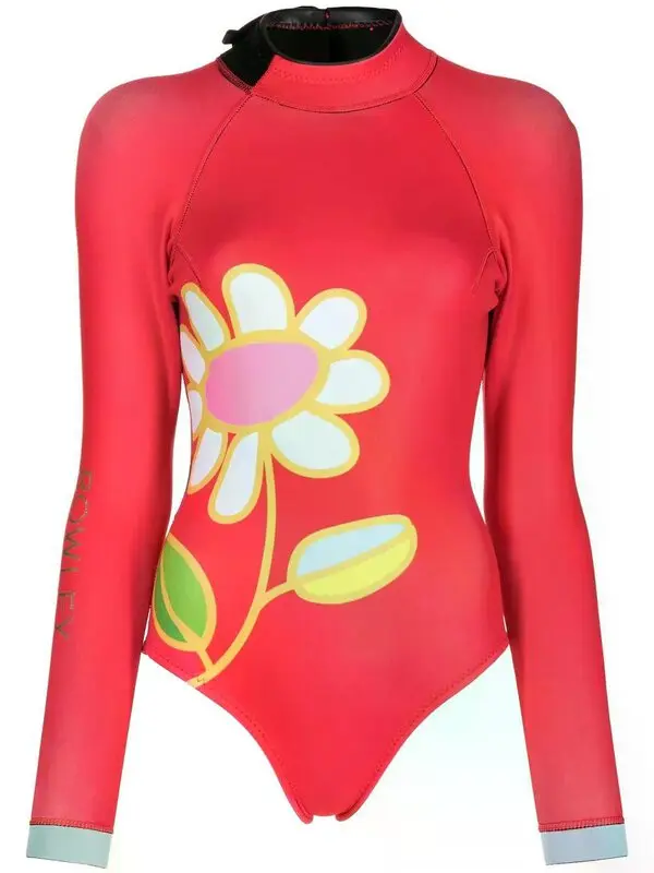 Cynthia Rowley Floral Print Mock Neck Wetsuit - Red