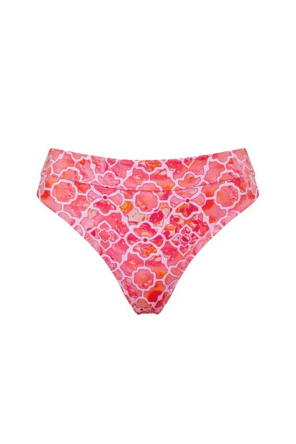 SOPHIA ALEXIA Marble Mosaic Rio High Rise Fold Over Bikini Bottoms - Red