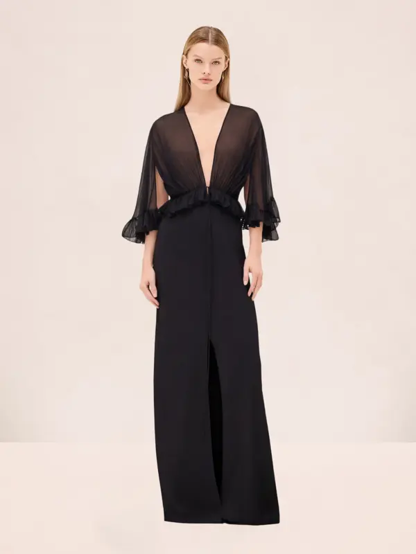 Alexis Alloro Maxi Dress With Sheer Blouson Sleeves And Ruffled Trim - Noir