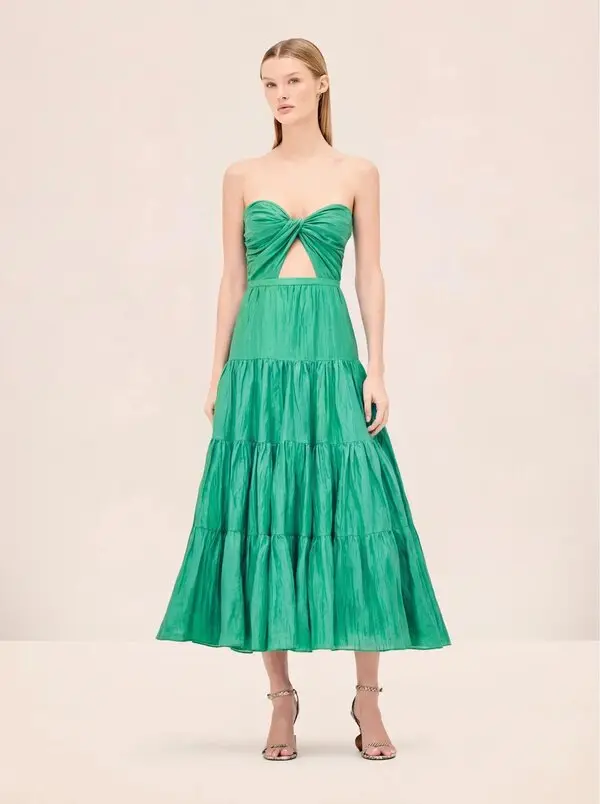 emerald green strapless midi dress Milla Strapless Tulle Midi Dress - Emerald Green
