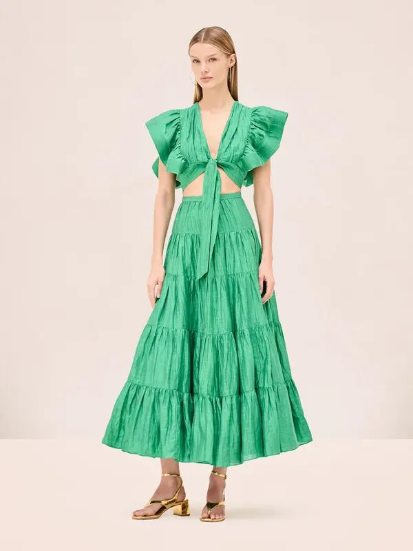 Alexis Varenna Cropped Top With Ruffle Sleeves And Tie Detail - Emerald
