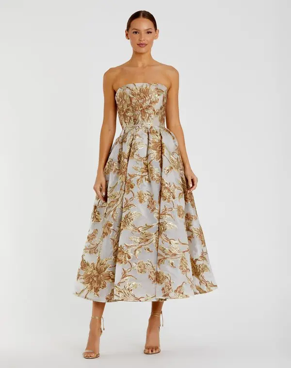 Mac Duggal Strapless Floral Brocade Midi Dress - Multicolor