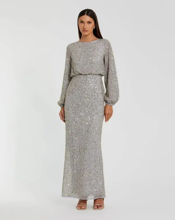 Mac Duggal Silver Sequin Blouson Long Sleeve Gown - Gray