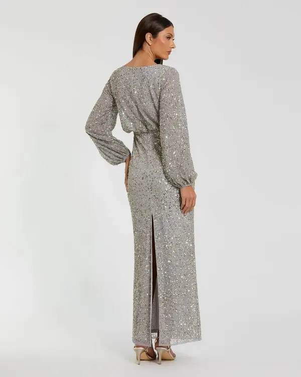 Mac Duggal Silver Sequin Blouson Long Sleeve Gown - Gray