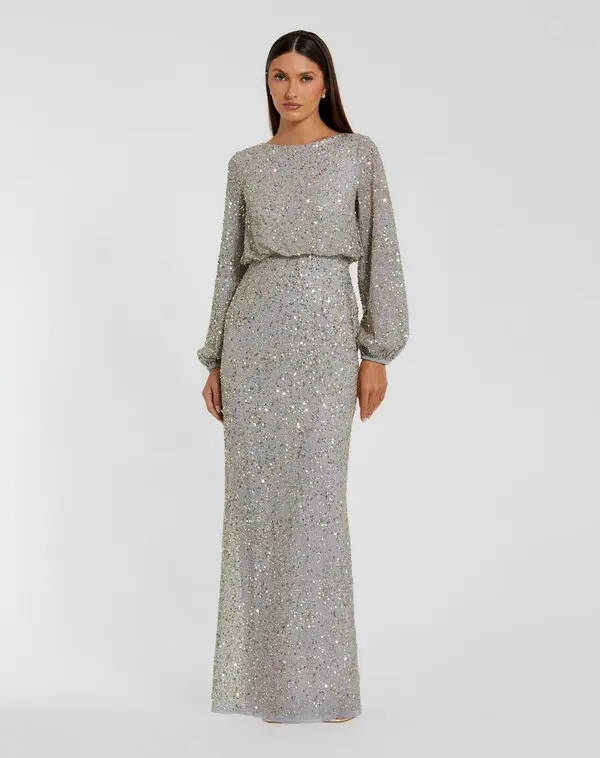 Mac Duggal Silver Sequin Blouson Long Sleeve Gown - Gray