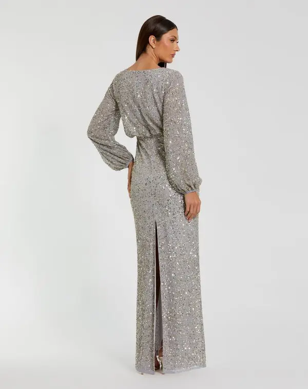 Mac Duggal Silver Sequin Blouson Long Sleeve Gown - Gray