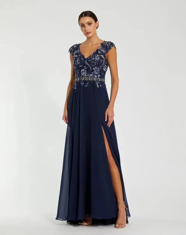 Mac Duggal Embellished Cap Sleeve A-line Gown - Navy