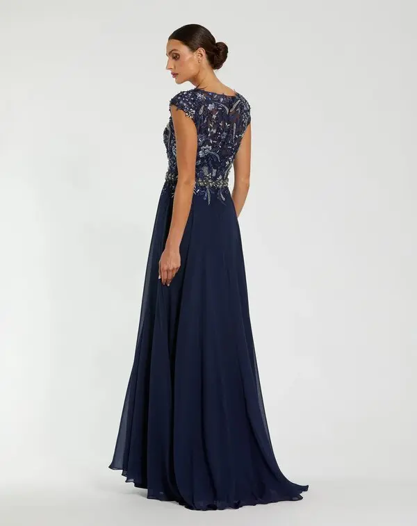 Mac Duggal Embellished Cap Sleeve A-line Gown - Navy