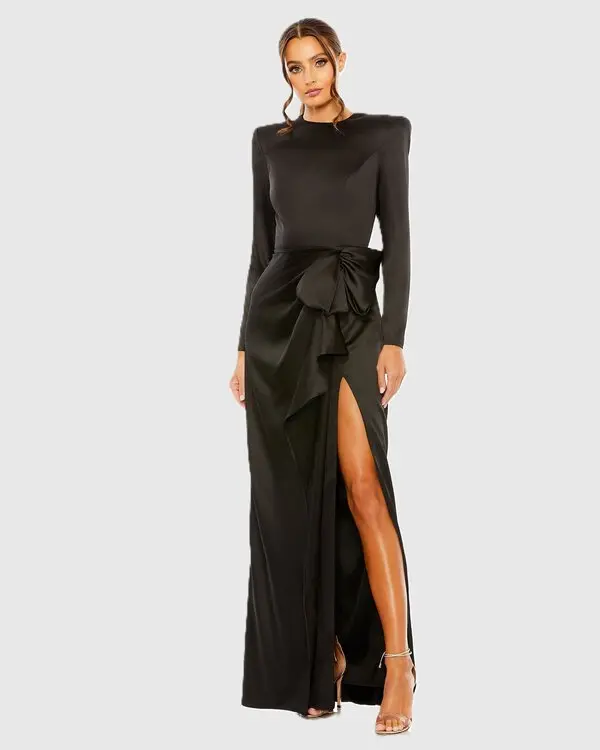 Mac Duggal Petite Long Sleeve Satin Gown With Structured Bow And Draping - Black