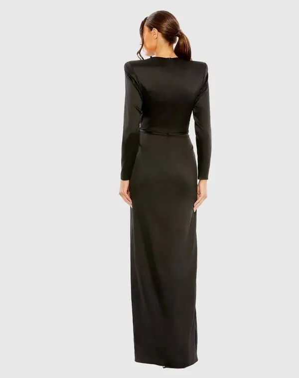Mac Duggal Petite Long Sleeve Satin Gown With Structured Bow And Draping - Black