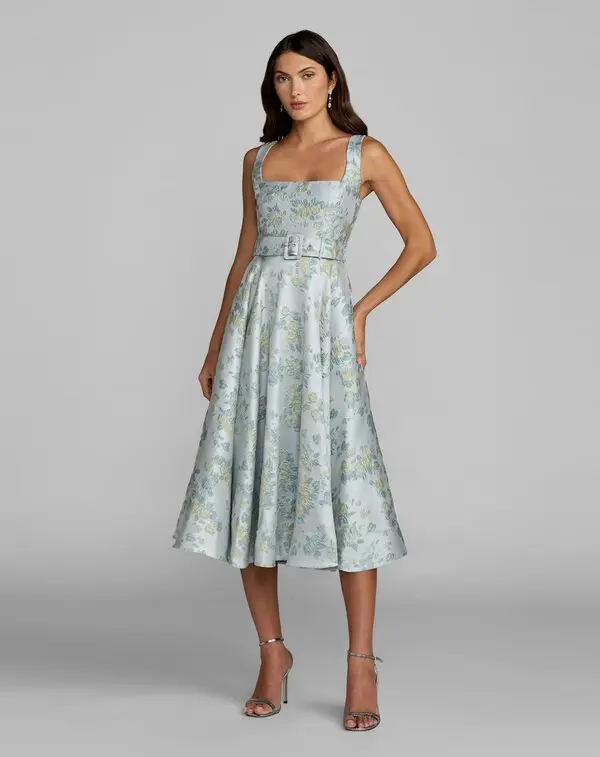 Mac Duggal Sleeveless Belted Floral A-line Midi Dress - Blue Multi