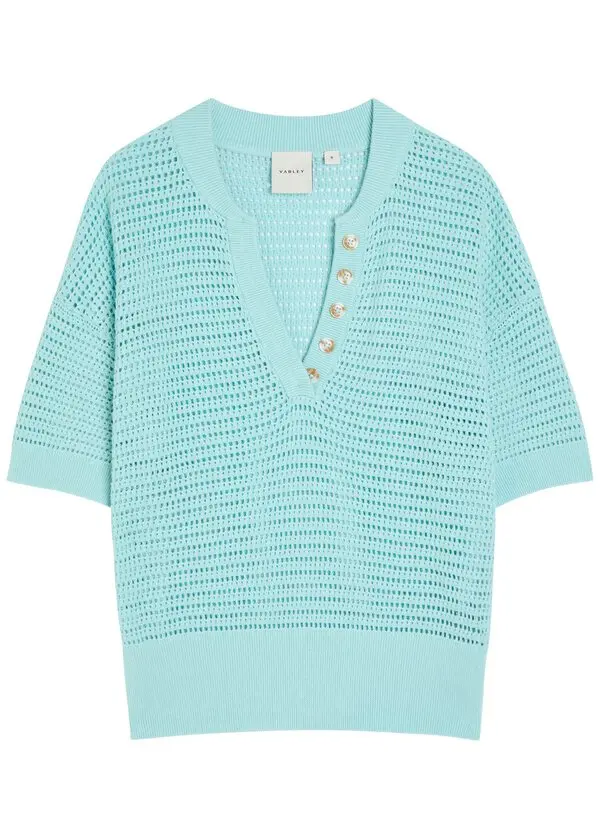 Varley Callie Open-knit Cotton Polo Top - Light Blue