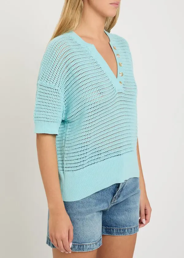 Varley Callie Open-knit Cotton Polo Top - Light Blue