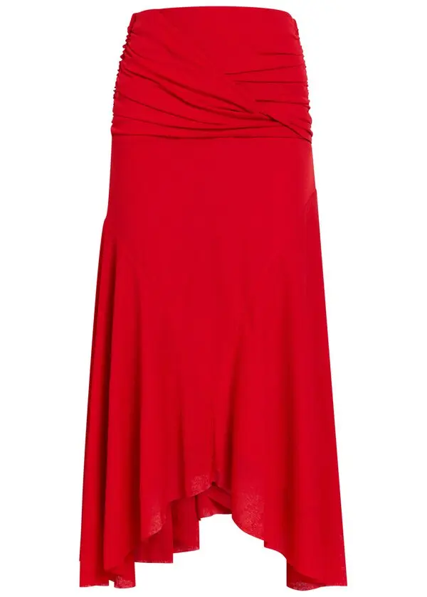 GANNI Draped Asymmetric Jersey Midi Skirt - Red