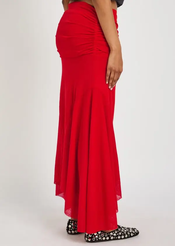 GANNI Draped Asymmetric Jersey Midi Skirt - Red