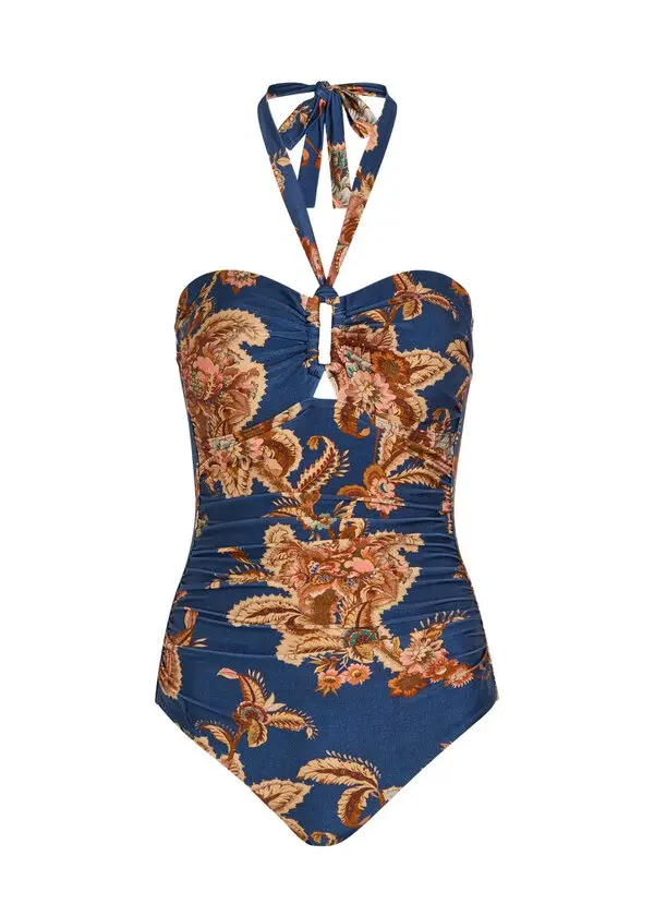 Zimmermann Aster Printed Halterneck Swimsuit - Navy