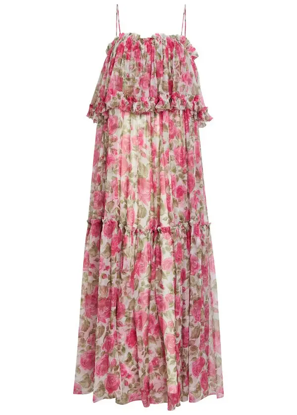 Chloé Floral Print Ruffled Silk-chiffon Maxi Dress - Pink