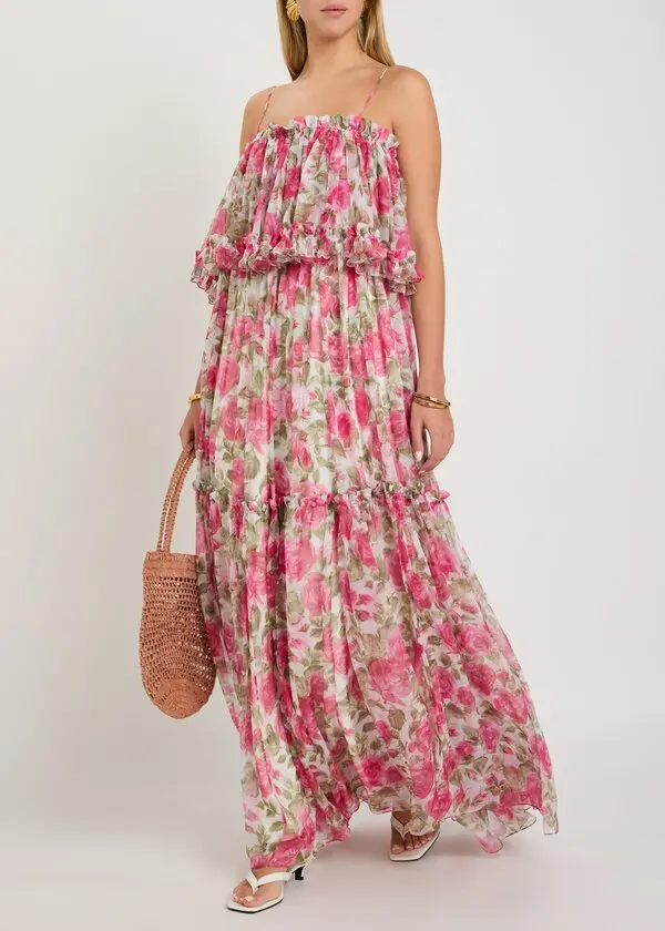 Chloé Floral Print Ruffled Silk-chiffon Maxi Dress - Pink