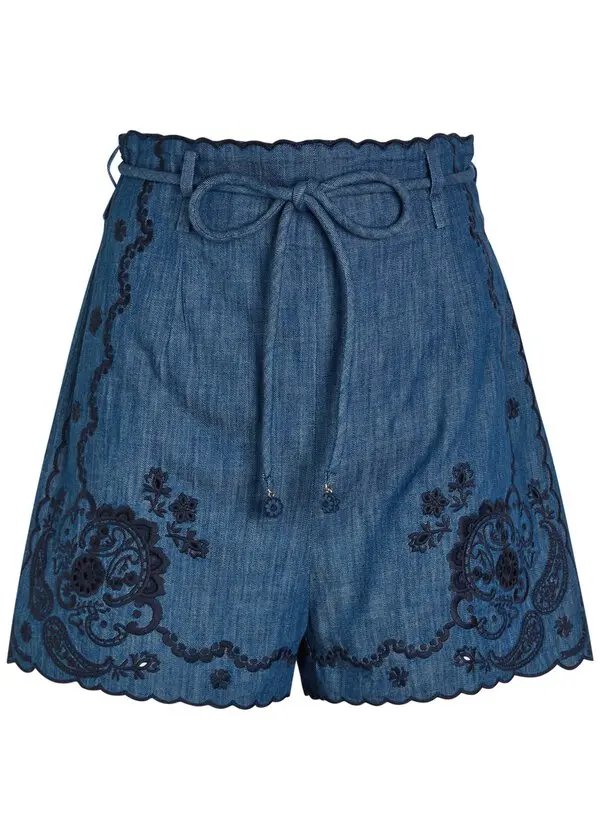 Zimmermann Aster Embroidered Belted Denim Shorts - Blue