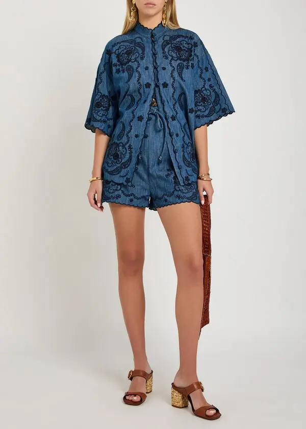 Zimmermann Aster Embroidered Belted Denim Shorts - Blue
