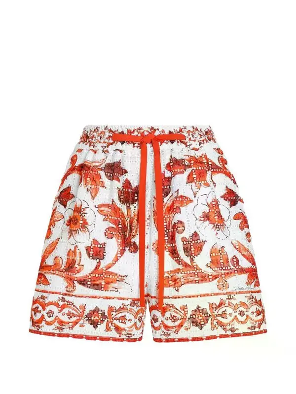 Dolce & Gabbana Majolica Print Broderie Anglaise Shorts - White