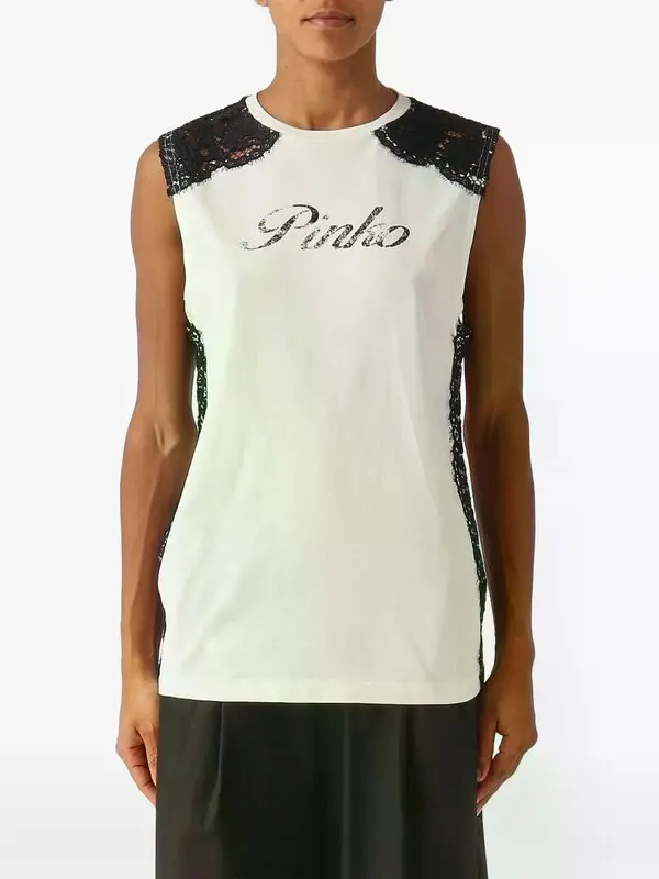 Pinko Lace-trim Logo Print Top - White