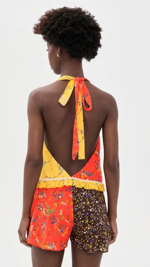 SIEDRES Color Block Floral Print Halter Neck Romper
