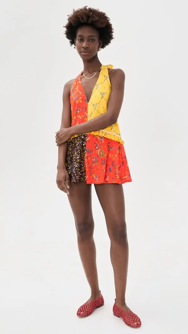 SIEDRES Color Block Floral Print Halter Neck Romper