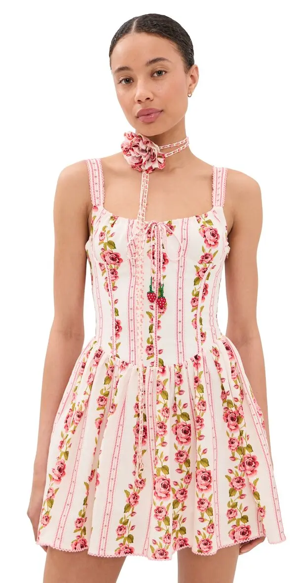 Agua Bendita X Stoney Clover Lane Floral Print Mini Dress With Strawberry Bead Accents - Pamuk