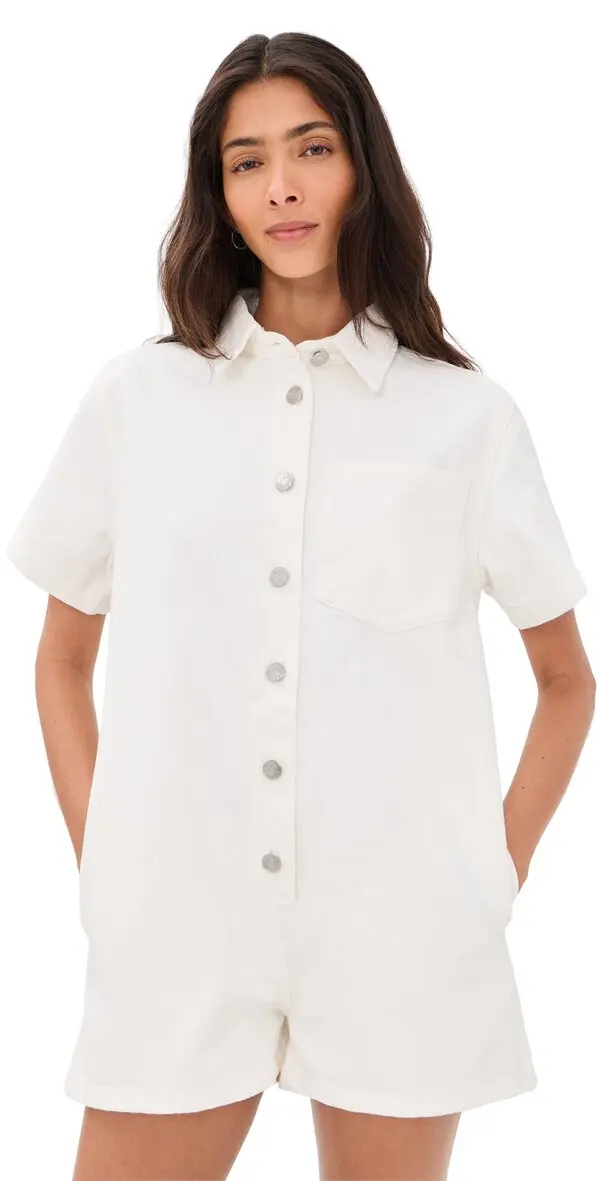 PARKE Short Sleeve Denim Romper With Logo Patch - White