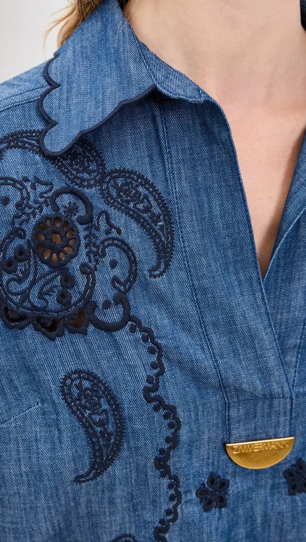 Zimmermann Aster Embroidered Denim Mini Dress - Railway Blue