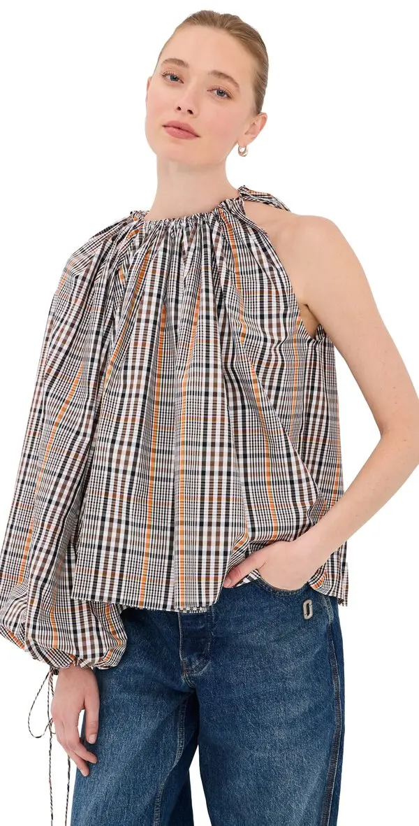 A.W.A.K.E. Mode One-shoulder Plaid Voluminous Top - Brown Check