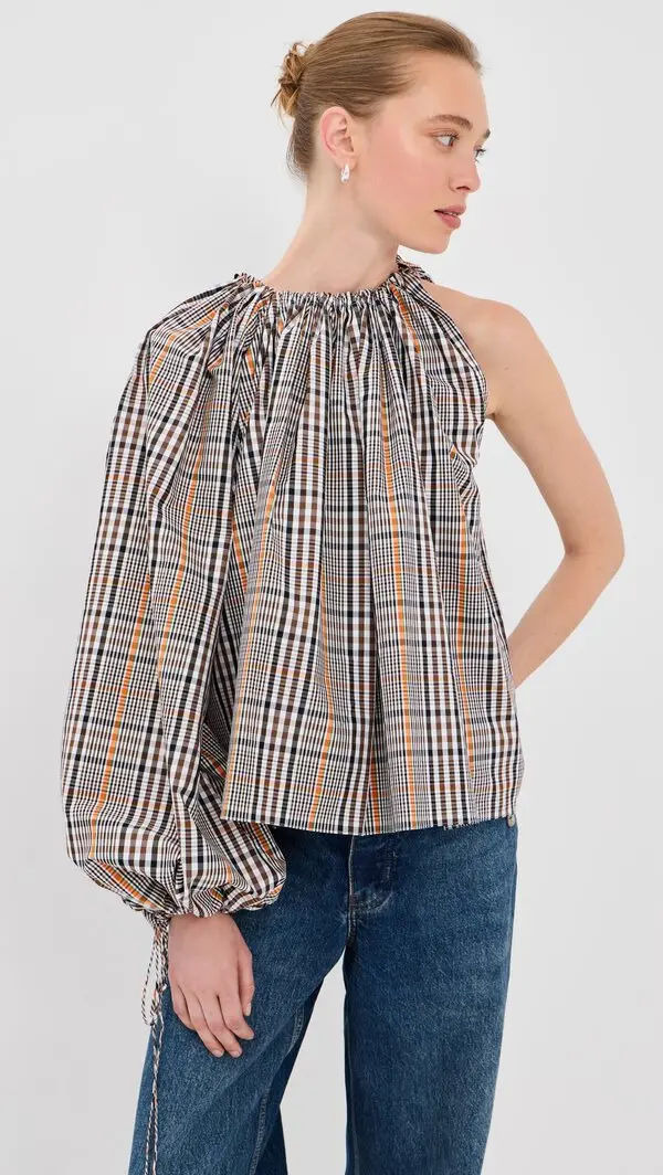 A.W.A.K.E. Mode One-shoulder Plaid Voluminous Top - Brown Check
