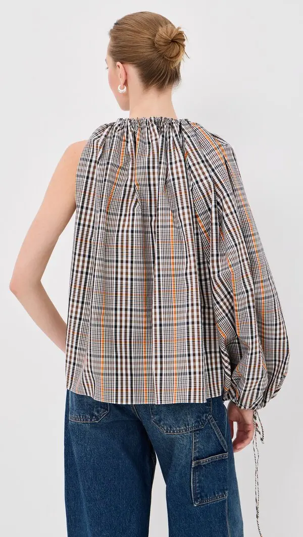 A.W.A.K.E. Mode One-shoulder Plaid Voluminous Top - Brown Check