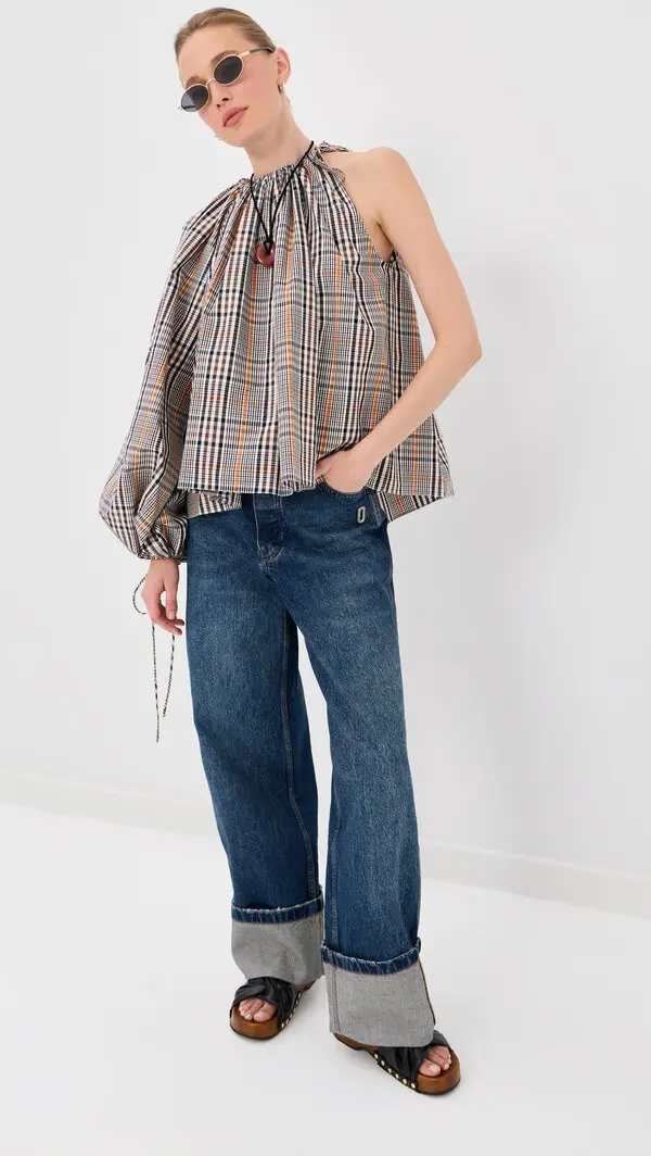 A.W.A.K.E. Mode One-shoulder Plaid Voluminous Top - Brown Check